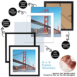 OMISHE 9x9 inch Picture Frame Black for Wall Hanging or Tabletop Poster, Frame Display 7x7 inch with Mat or 9x9 Without Mat, Square Wall Gallery Photo Frame, Black