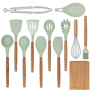 Lanzo Design Kitchen Utensil Set, 13 pcs Non-Stick Silicone Cooking Utensils Spatula Set with Wooden Holder (Mint)