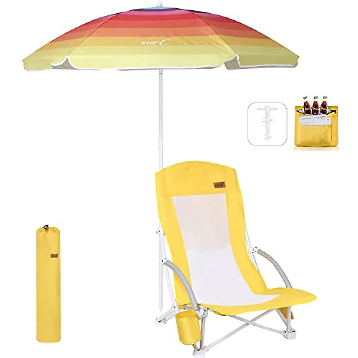Nice C Beach Chair with Umbrella and Cooler + Low Beach Chair 2 Pack Orange