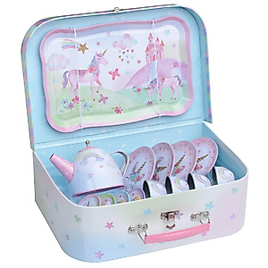Jewelkeeper Toddler Toys Tea Set for Little Girls - 15 Pcs Tin Tea set for kids Tea Time includes Teapot, 4 Tea Cup and saucers set & 4 snack plates , Unicorn Tea Party Set with Carrying Case