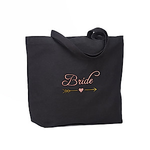 ELEGANTPARK Bridal Shower Gifts for Bride Bag Cotton Bride Gifts Wedding Gifts for Bride Tote Bag with Pocket Canvas Shoulder Bag Black with Pink Embroidery