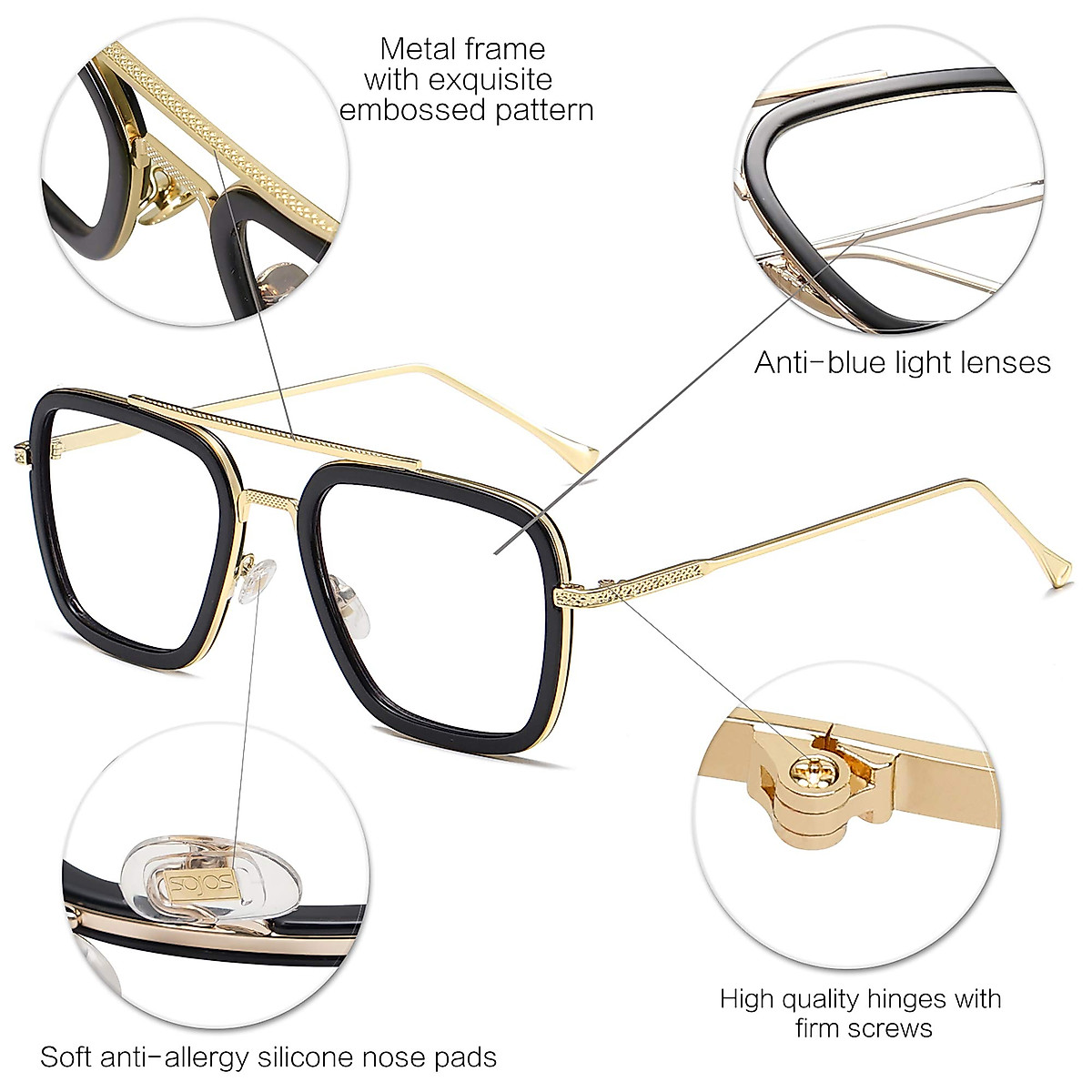 SOJOS Blue Light Blocking Glasses for Men Women Aviator Square Classic Glasses SJ1126 with Gold Frame/Black Rim/Anti-Blue Light Lens