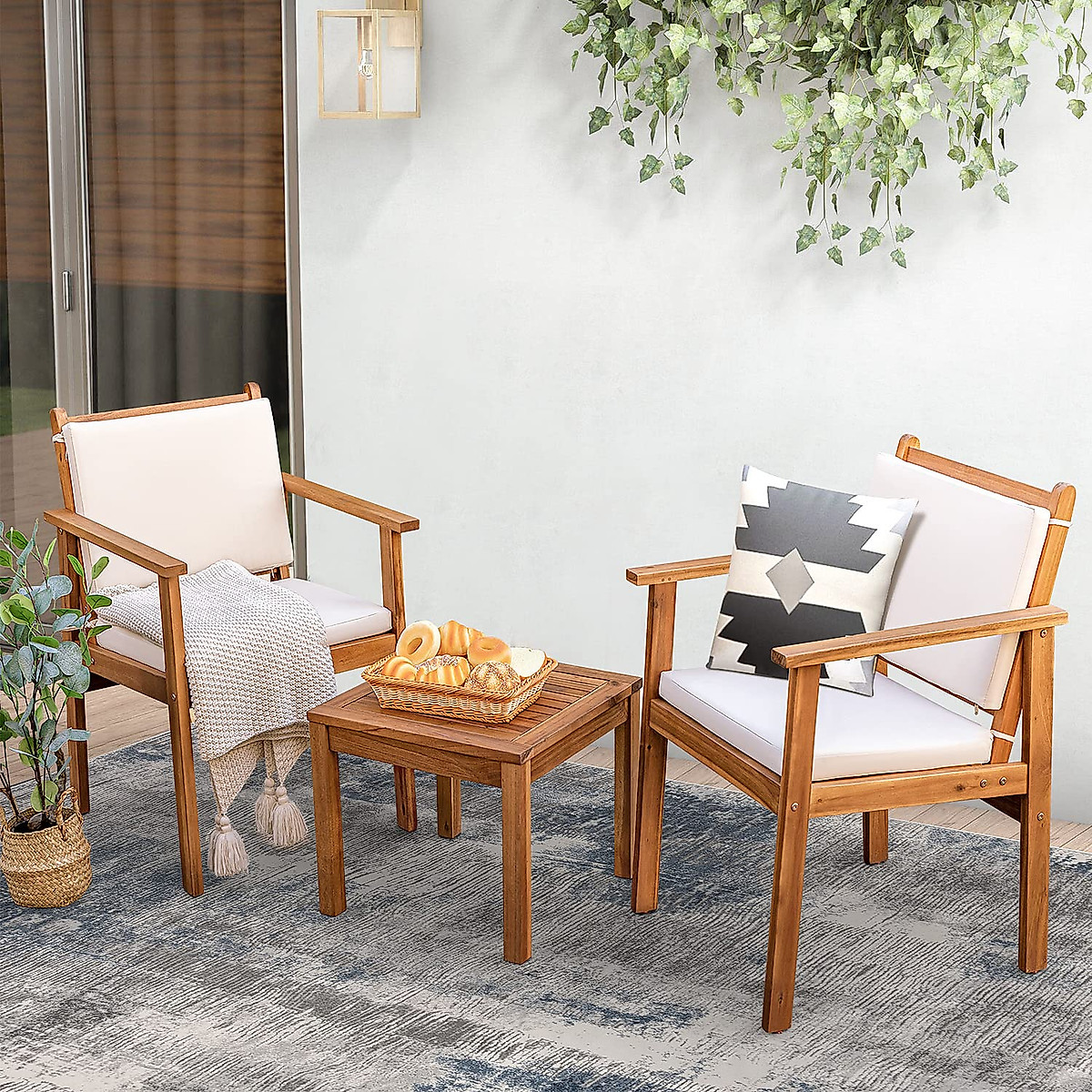 Greesum 3 Piece Bistro Patio Furniture Outdoor Chat Chair Set with Water Resistant Cushions and Coffee Table for Beach Backyard Garden, White