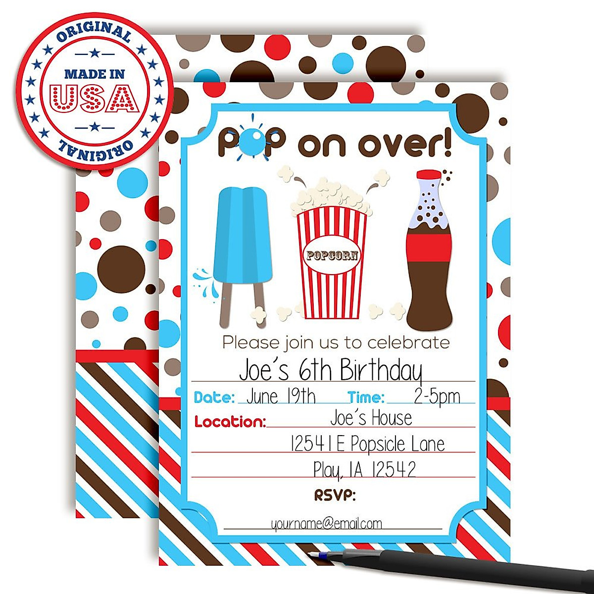 Pop On Over Soda and Popcorn Birthday Party Invitations, 20 5x7 Fill In Cards with Twenty White Envelopes by AmandaCreation