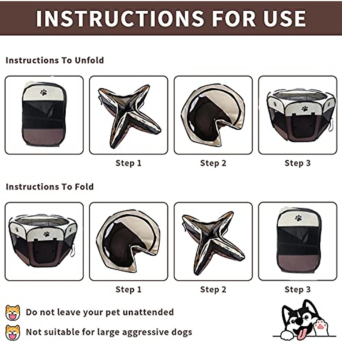 Gommle Portable Pet Playpen for Small Cat Dog Puppy Rabbit,Cat Kitten Playpen Indoor Outdoor with Carrying Case,Waterproof Bottom and Removable Zipper Top (S(28.7" x 28.7" x 16"), Brown)