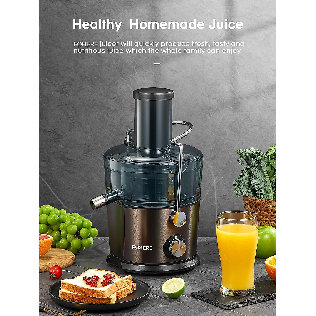 FOHERE Juicer Machines,1200W Max Power Centrifugal Juicer Extractor with 3-inch Wide feed chute & Anti-Drip for Fruit and Vegetable, 2-Speed Setting, Easy to Clean with Brush, Stainless Steel, 800W
