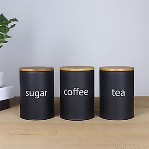 SOTECH Metal Food Storage Jar Farmhouse Coffee Canisters with Bamboo Lids,Black Kitchen Canisters Set of 3 Decorative Canisters for Kitchen Counter,Home Decor,Sugar Coffee and Tea Container Set
