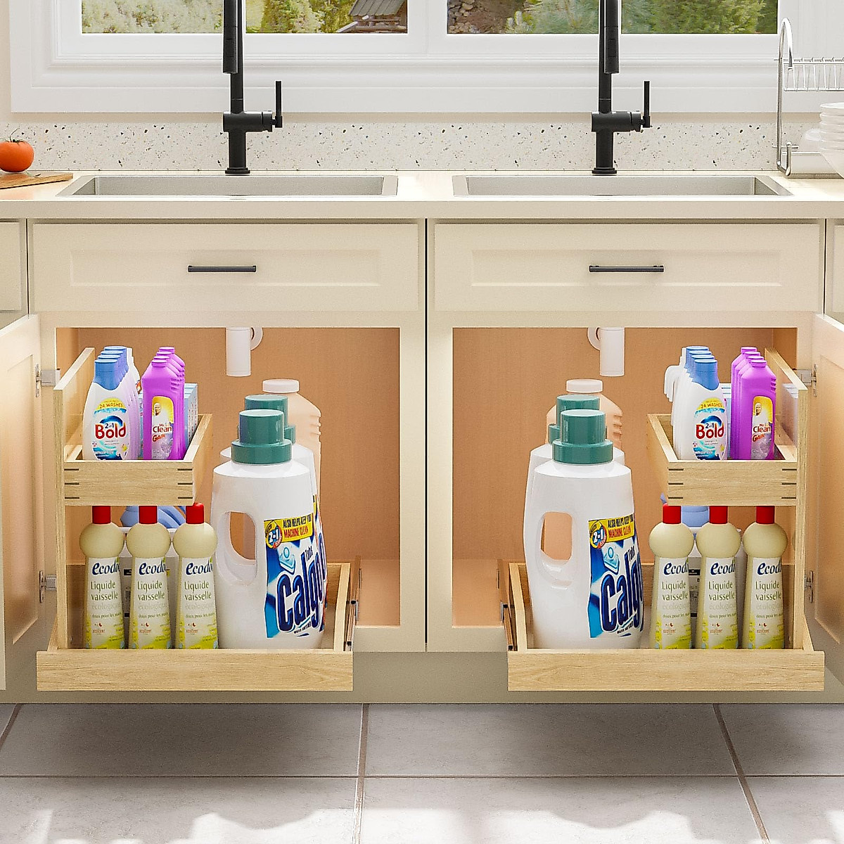 LOVMOR Soft Close Under Sink Organizer 22½” W x 21” D, Pull Out Cabinet Organizer with U Bracket, 2 Tier Slide Out Shelf for Kitchen Bathroom Sink(Left)