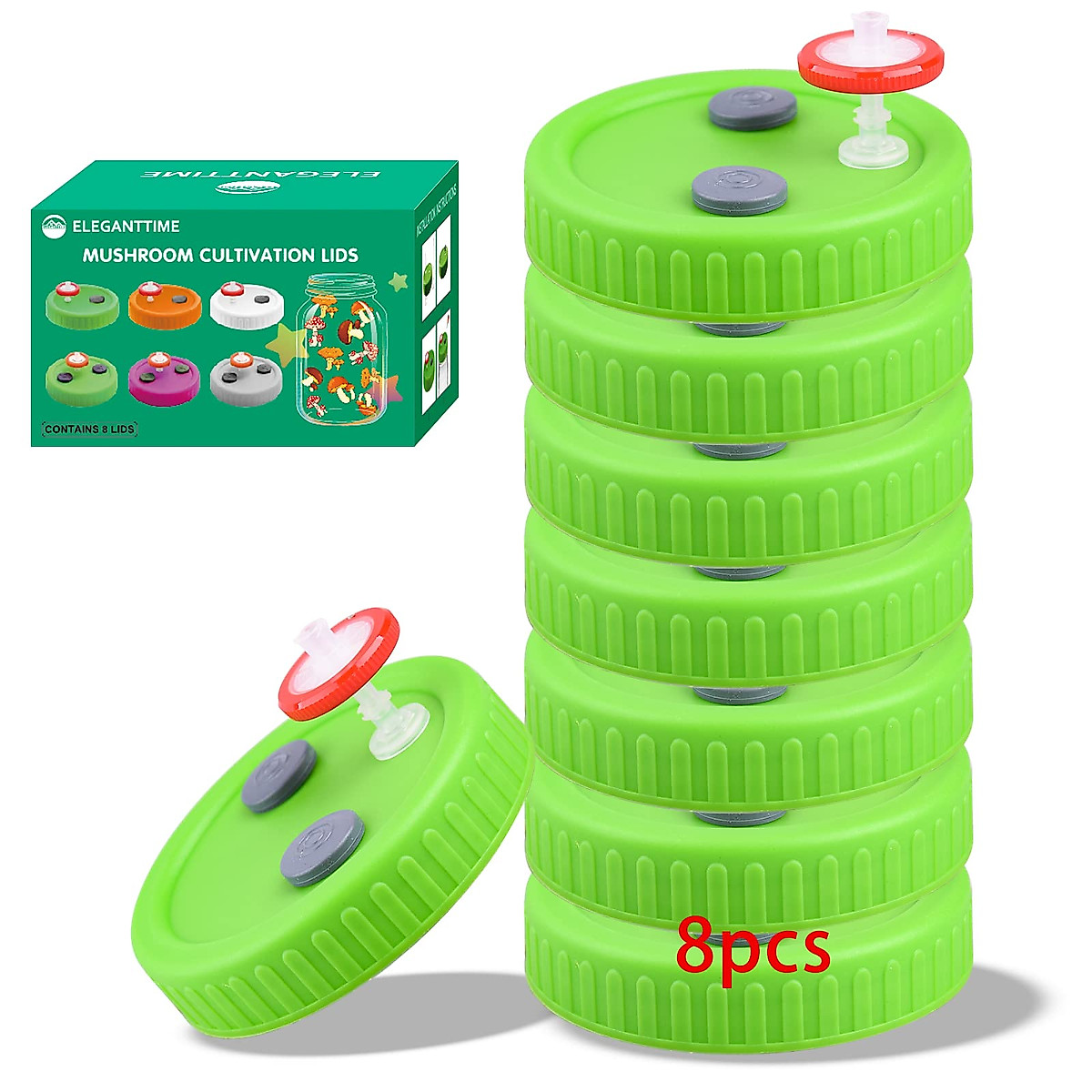 Eleganttime 8Pcs Wide Mouth Liquid Culture Lids,Cultivation Mason Jar Lid with 0.22um PTFE Syringe Filter & 20mm Self Healing Injection Ports For Mushroom(Green)