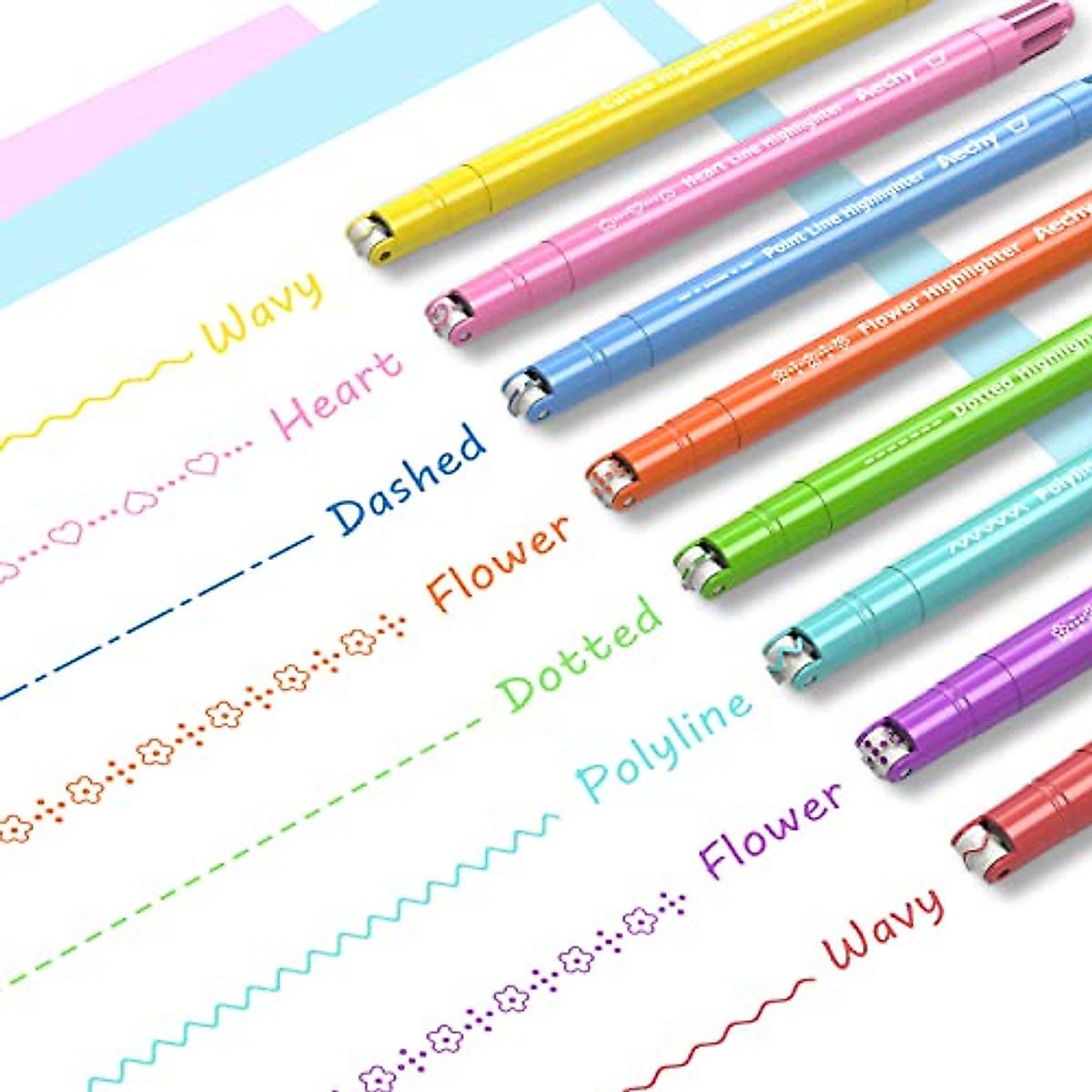 AECHY Curve Highlighter Pen Set, Dual Tip Marker Pens with 6 Different Curve Shapes & 8 Colors Mark Lines, Aesthetic Curve Marker Highlighter with Chisel Tip for Journal Planner School Supplies