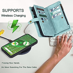 TwoHead for Google Pixel 7 Pro Wallet Case with Card Holder & Detachable Magnetic Phone Case,PU Leather Shockproof Protective Case with Wrist Strap(Blue)