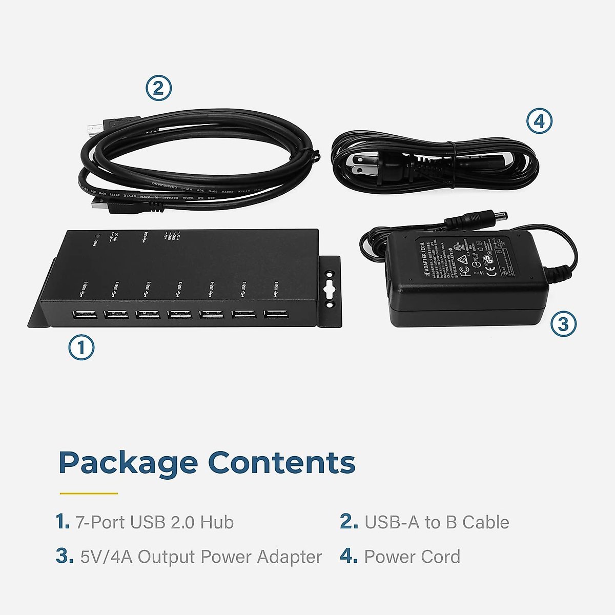 Metal 7-Port USB 2.0 Powered Hub for PC-MAC with Power Adapter