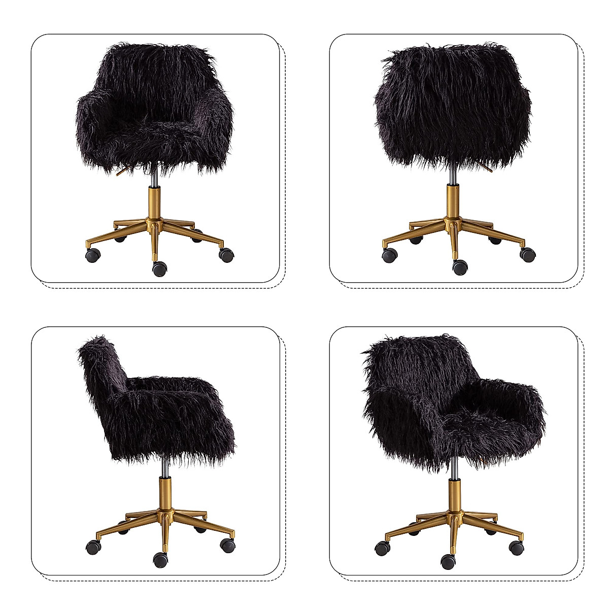 KCC Fluffy Office Desk Chair, Faux Fur Modern Swivel Armchair with Wheels, Soft Comfy Fuzzy Elegant Accent Makeup Vanity Chairs for Women Girls, Home Living Dressing Room Bedroom, Black