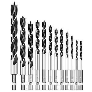 Brad Point Wood Drill Bit Set, 12Pcs Hex Shank Drill Bit Set with Double Flutes Design for Carpenter Woodworking and All Types of Wood (1/8" - 1/2")