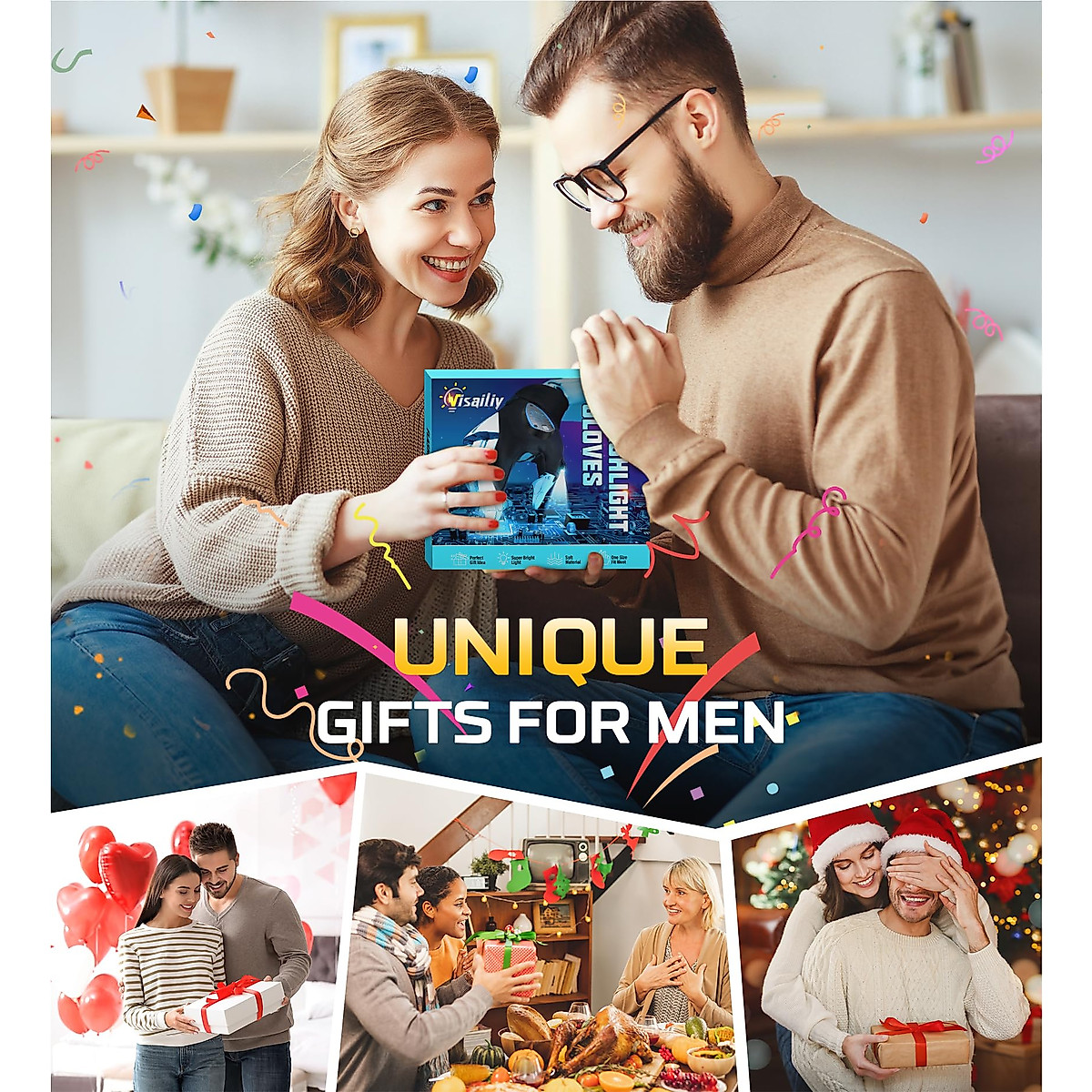 Visailiy LED Flashlight Gloves, Cool Gadgets Unique Birthday Gifts for Dad Boyfriend Husband Him, Light Gloves Tool for Camping Fishing Car Repairing Hiking