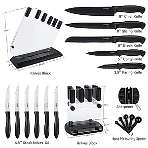 Knfie Set, Jiaedge 19 Pcs Kitchen Knife Set with Block, Dishwasher Safe Knife Block Set, 6 Serrated Steak Knives, Black