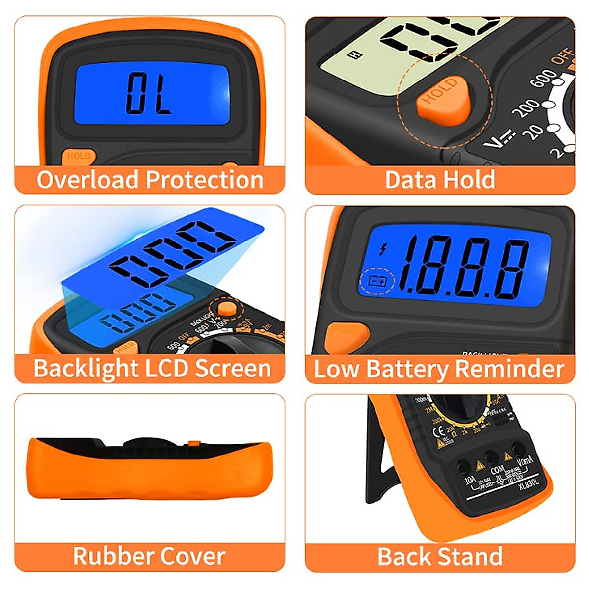Digital Multimeter,2000 Counts Voltage Tester,Volt Ohm Amp,Multi-Meter Tester AC/DC Voltmeter DC Current, Diode and Resistance,Dual Fused for Anti-Burn, with Test Leads Backlight LCD Screen
