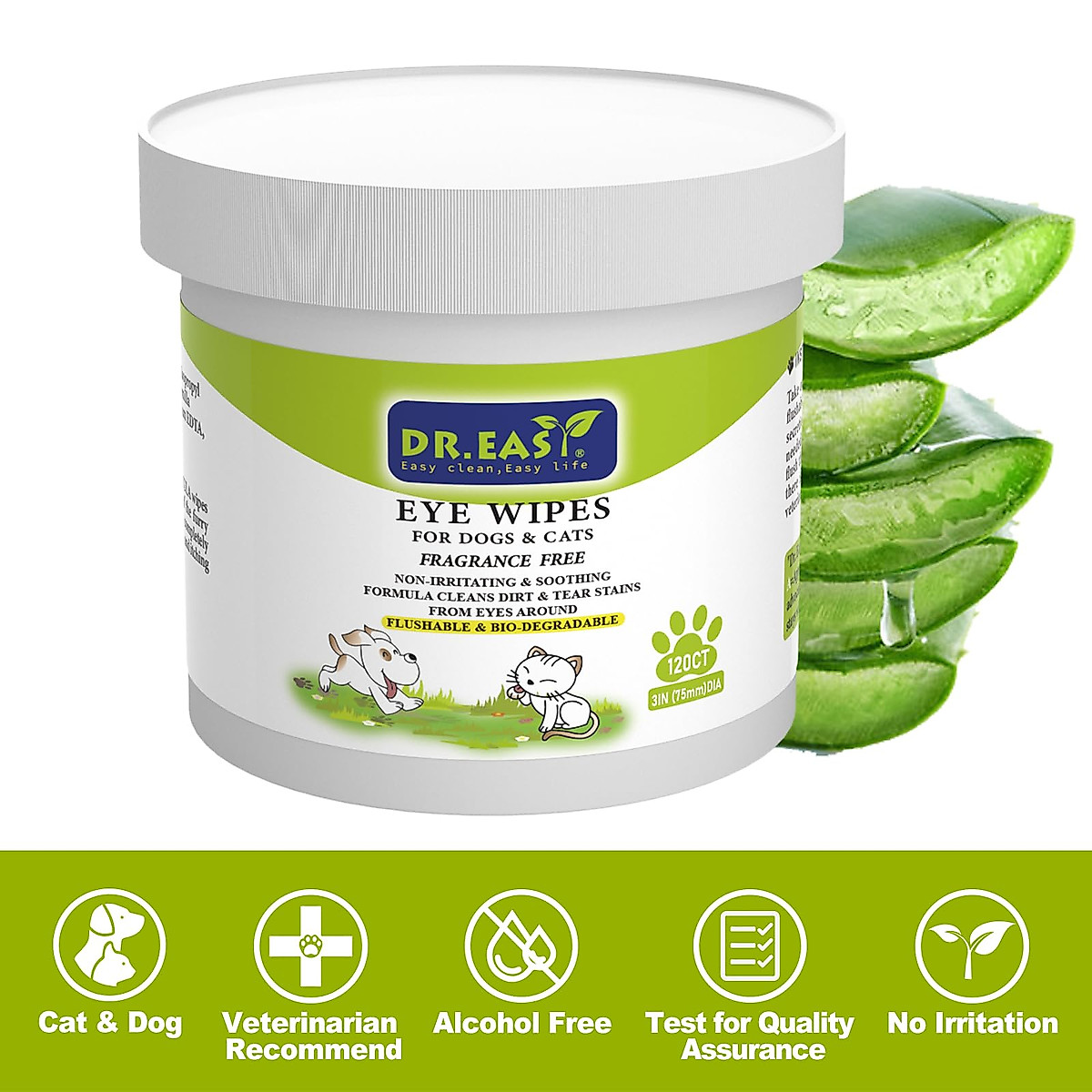 DR.EASY Pet Eye Wipes 120 Ct for Dog Cat Horse & Rabbit Grooming,Tear stain remover,Puppy Kitty eye wash,Remove dirt crust dried mucus discharge secretions, Unscented soft & gentle,Plant Based Formula