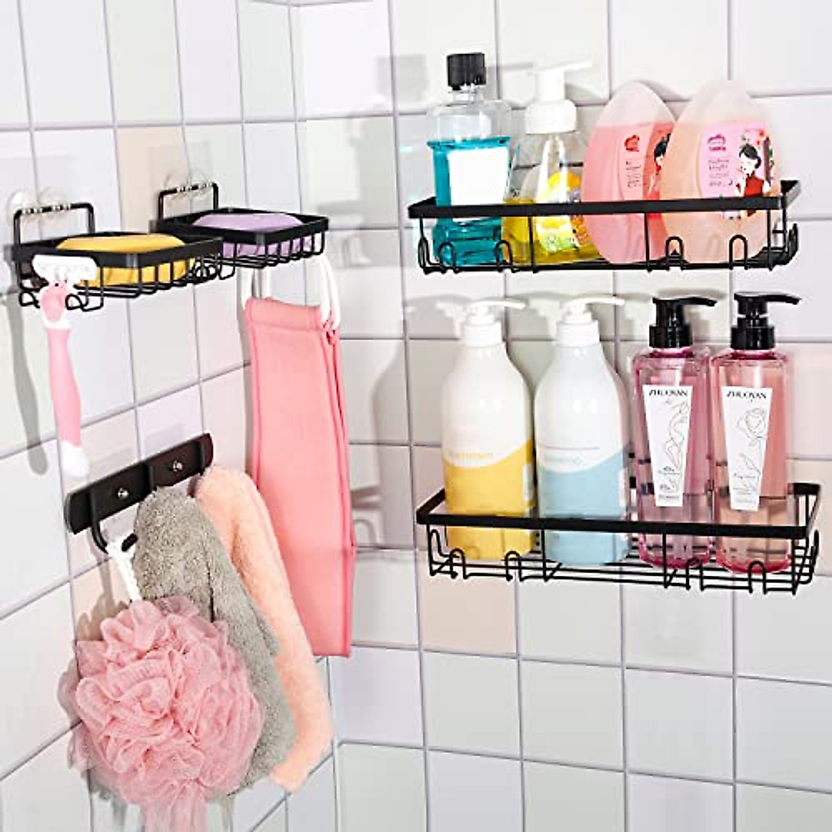 E-HAO Adhesive Shower Caddy Shelf Organizer (2 Pack) with 2 Soap Dishes & 1Towel Hook. 304 Stainless Steel shower Shelves Bathroom Basket Rack for Shower Kitchen Storage