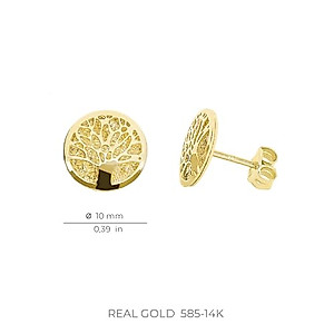 Lucchetta - 14 karat Yellow Gold Tree of Life Studs | 14k Solid Gold Earrings for Women | diameter 0.39in