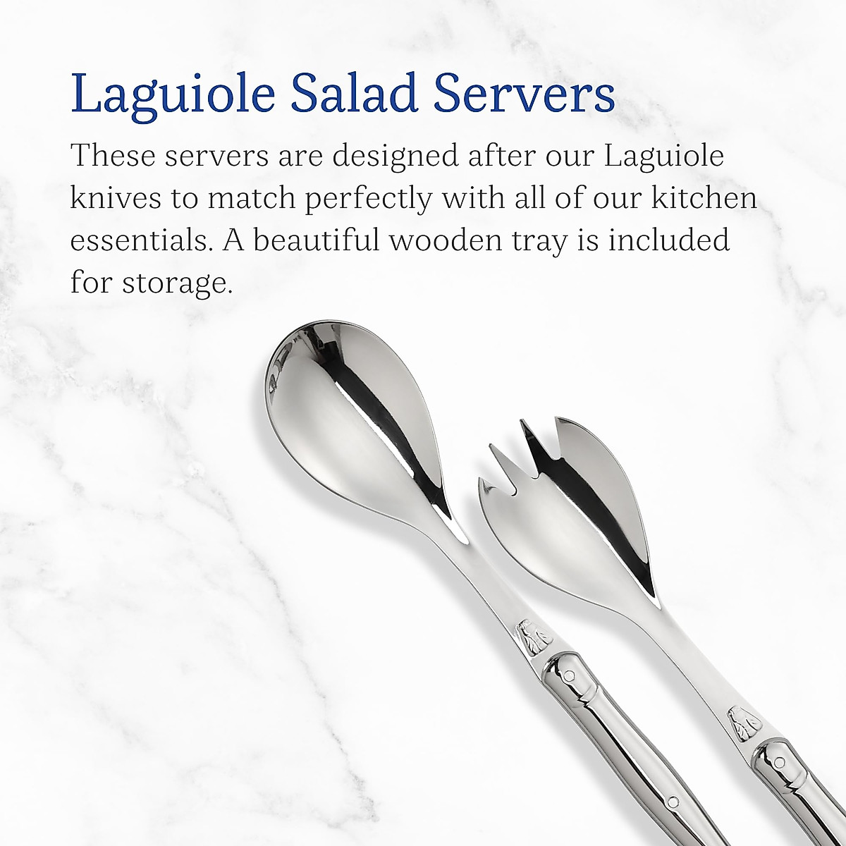 Jean Dubost Salad Servers, Stainless Steel Handles - Rust-Resistant Stainless Steel - Includes Wooden Tray - Made in France