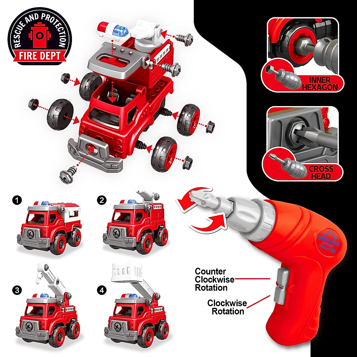 4-in-1 Take Apart Toys Truck with Electric Drill, DIY Assembly Fire Truck Toy Vehicles, Kids STEM Building Educational Cars Toys, Birthday Gifts for Age 3 4 5 6 7 8 Years Old Boys Girls