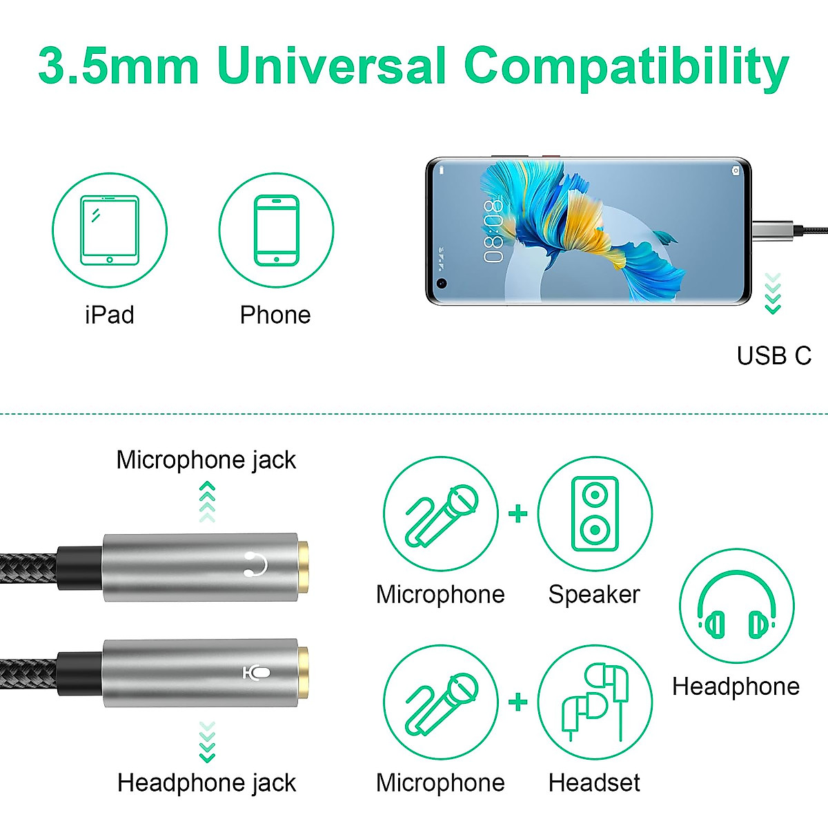 Alitutumao USB C to 3.5mm Audio Headphone Splitter, Dual 3.5mm Aux Headphone Jack Adapter Compatible with Samsung S23 S22 S21, Google Pixel 2/3/4 XL