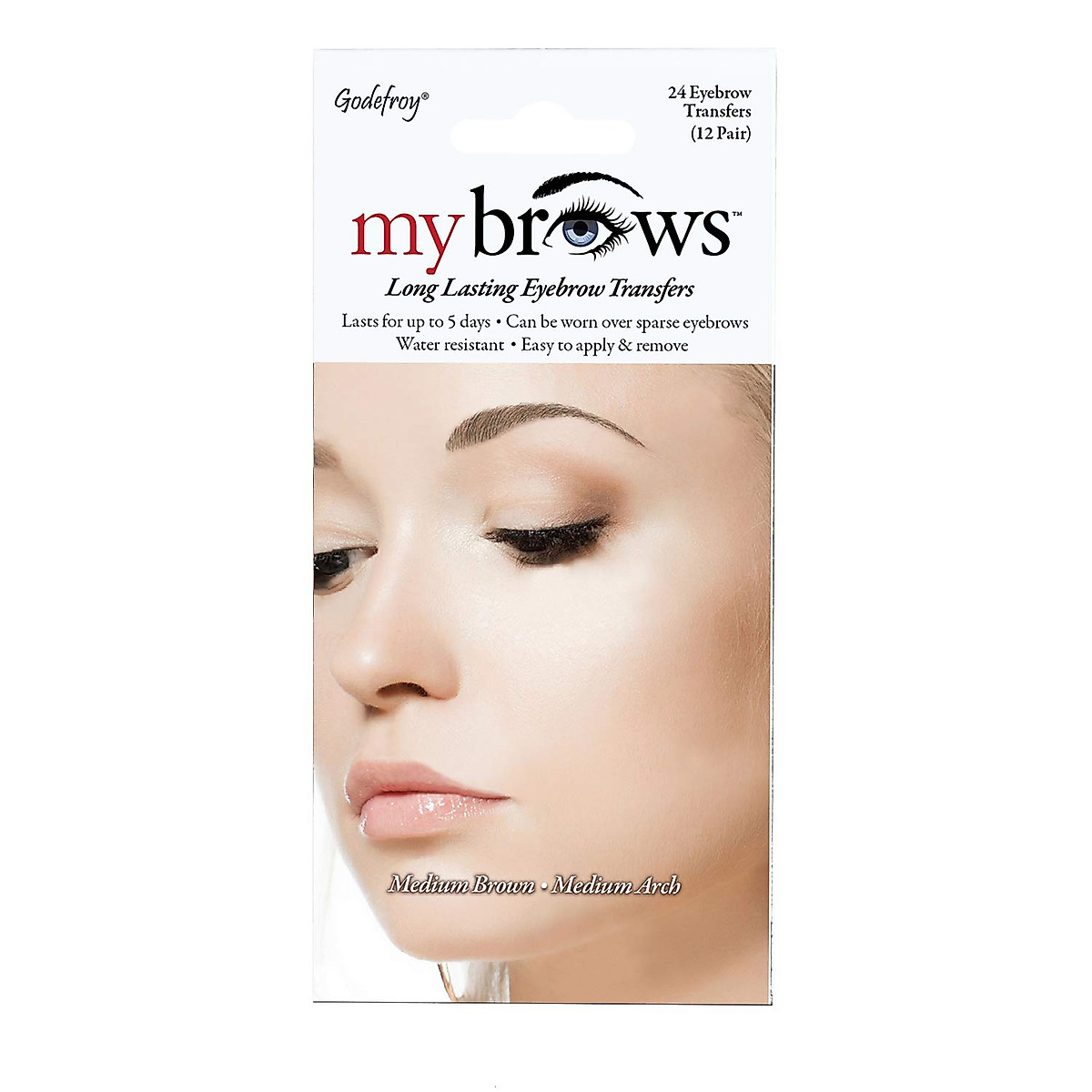 Godefroy MyBrows Long Lasting Eyebrow Transfers, Medium Arch, Medium Brown, 12-Pairs of Brows