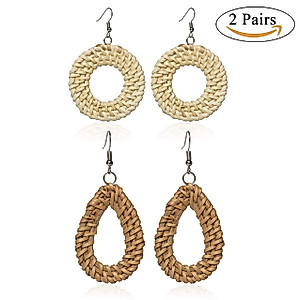 Rattan Earrings Hoops For Women Large Woven Handmade Straw DIY Teardrop Circle Bohemian Style Clip Lightweight Disc Wickers
