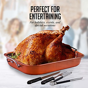 OVENTE Kitchen Oven Roasting Pan Nonstick Carbon Steel Baking Tray with V-Shaped Design Rack and Carving Knife Set, Easy Clean Dishwasher Safe & Cooking Roasting Turkey, Chicken, Copper CWR24619CO