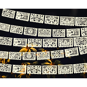 Ivory Papel Picado Banners (Plastic) Fiesta Decorations for Weddings, Bridal Shower, Engagement, Birthday, Baby Shower, Mexican Party Banner, Garland, Bunting, Streamer 3 Pack