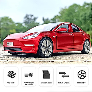 1:32 Scale Model 3 Car Toy Pull Back with Sound and Light, Alloy Diecast Mini Vehicles Toys for Kids Gift or Tesla Car Model Collection Enthusiasts Gift (Brilliant Red)