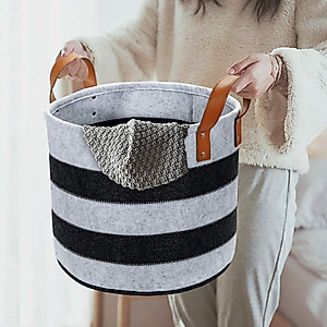 Round Storage Basket Medium Bin Towels Blanket Basket Foldable Laundry Baskets with PU Handles Felt Fabric Bins for Home, Living Room, Bathroom