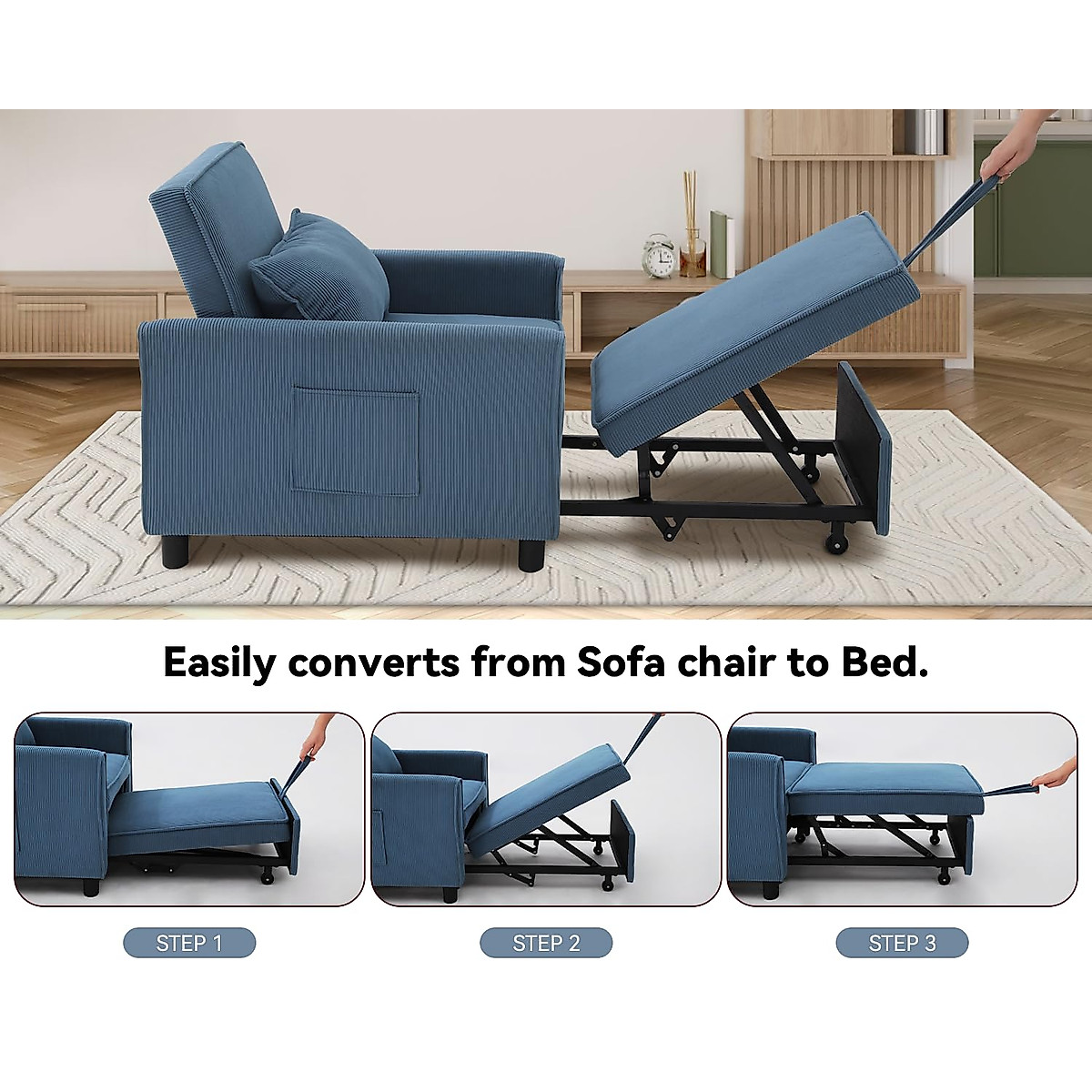 SEJOV Convertible Sofa Bed, 3 in 1 Couch Pull-Out Bed, Loveseat Sleeper Sofa Bed with 3 Adjustable Backrest, Recliner with Throw Pillow, Small Space for Living Room, Apartment, Bedroom, Blue