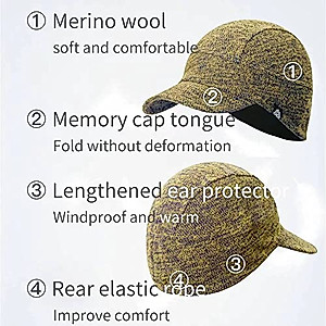 AONIJIE Merino Wool Knit Short Brim Knitted Hat for Men Women, Warm Beanie Visor for Fall Winter Daily Headwear Protect Ear (B:Yellow)