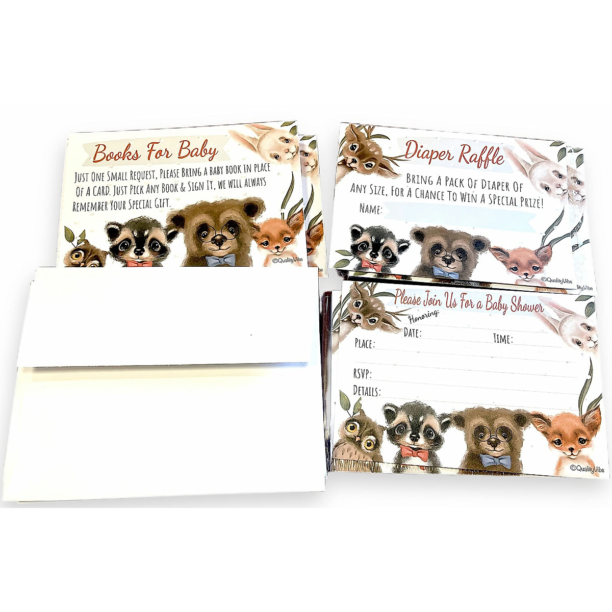 Baby Shower Invitations Woodland Creatures For Baby Boy or girl. Set Includes 25 Invites, 25 Baby Book Inserts, 25 Diaper Raffle & 25 Envelopes. Watercolor Design Bear, Racoon, Deer, Rabbit & Fox.
