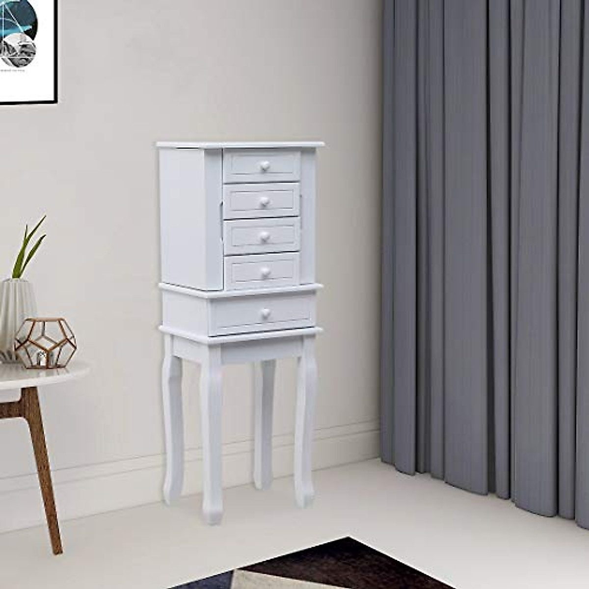 WEI WEI GLOBAL Standing Jewelry Armoire w/Top Flip Makeup Mirror, Wooden Jewelry Cabinet Chest Organizer, Stand Up Storage Display Box- 5 Drawers & 14 Necklace Hooks, White