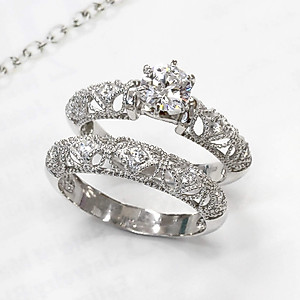 925 Sterling Silver Wedding Ring Set, 0.7 Carat Round CZ Stone Engagement Ring 2pcs Milgrain Filigree Vintage Bridal Set (Size 5 to 10), 9