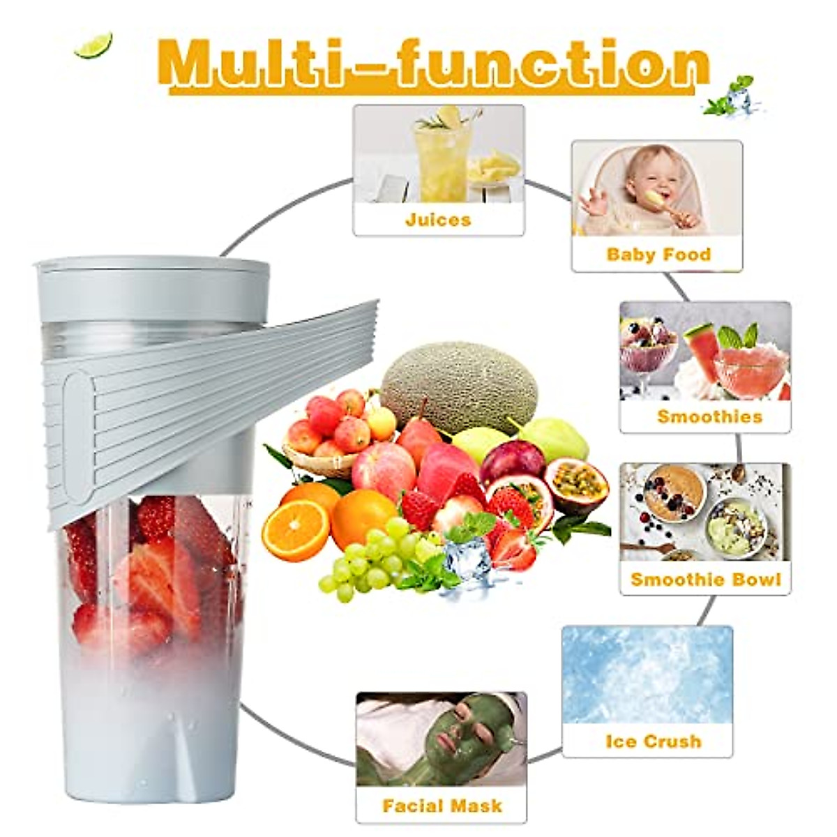 Portable blender for shakes and smoothies,Personal blender, 20000r/m, 16 oz Traveling Fruit Veggie Juicer Cup With 7 Blades, Portable Blender USB Rechargeable