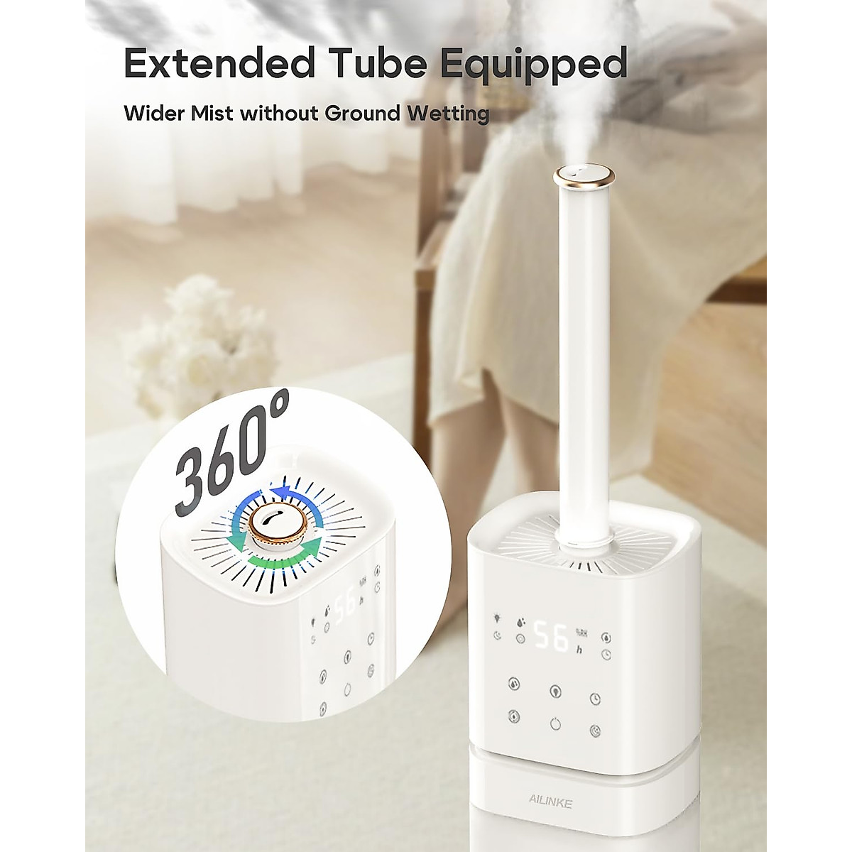 AILINKE Humidifier Large Room, 2.1Gal/8L Humidifiers for Bedroom with Extended Tube, Large Humidifiers 1000 sq.ft. Whole House Cool Mist Humidifier with Night Light, School/Office/Warehouse, White