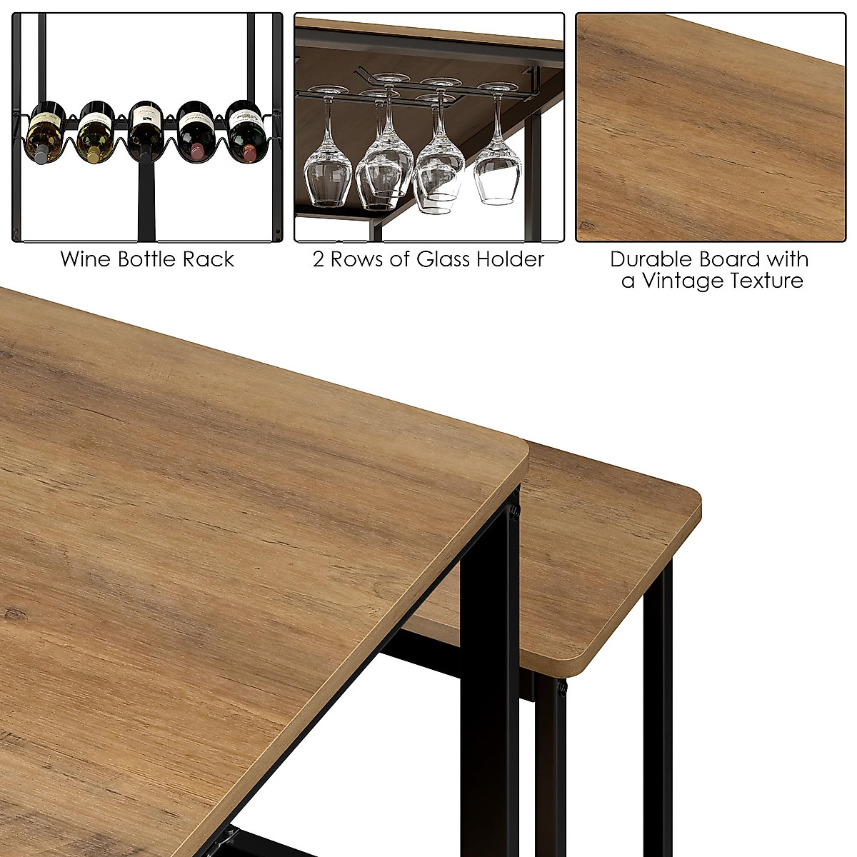 BOTLOG 3-Piece Kitchen Table for 4, 54.7" Dining Table Set with 2 Benches, Dining Room Table with MDF Wood Board, Storage Shelf, Wine and Glass Rack, Industrial (Brown)