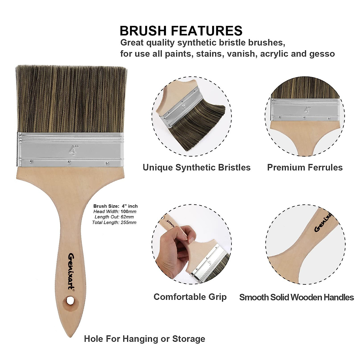 Double Thick Chip Paint Brush, 4 inch / 100mm Stain Brushes for Painting Walls and Fence Staining, Wooden Handle Masonry Paintbrush for Varnish, Paste, Gesso and Limewash