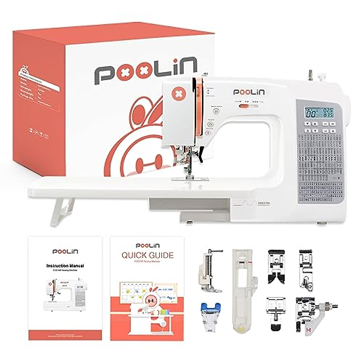 Poolin Computerized Self Threading Sewing Machine - 293 Stitches Applications with Social Media Video Tutorials, Include 7 Presser feet, Double Needle, 3 Bobbins & Threads, EOC2720