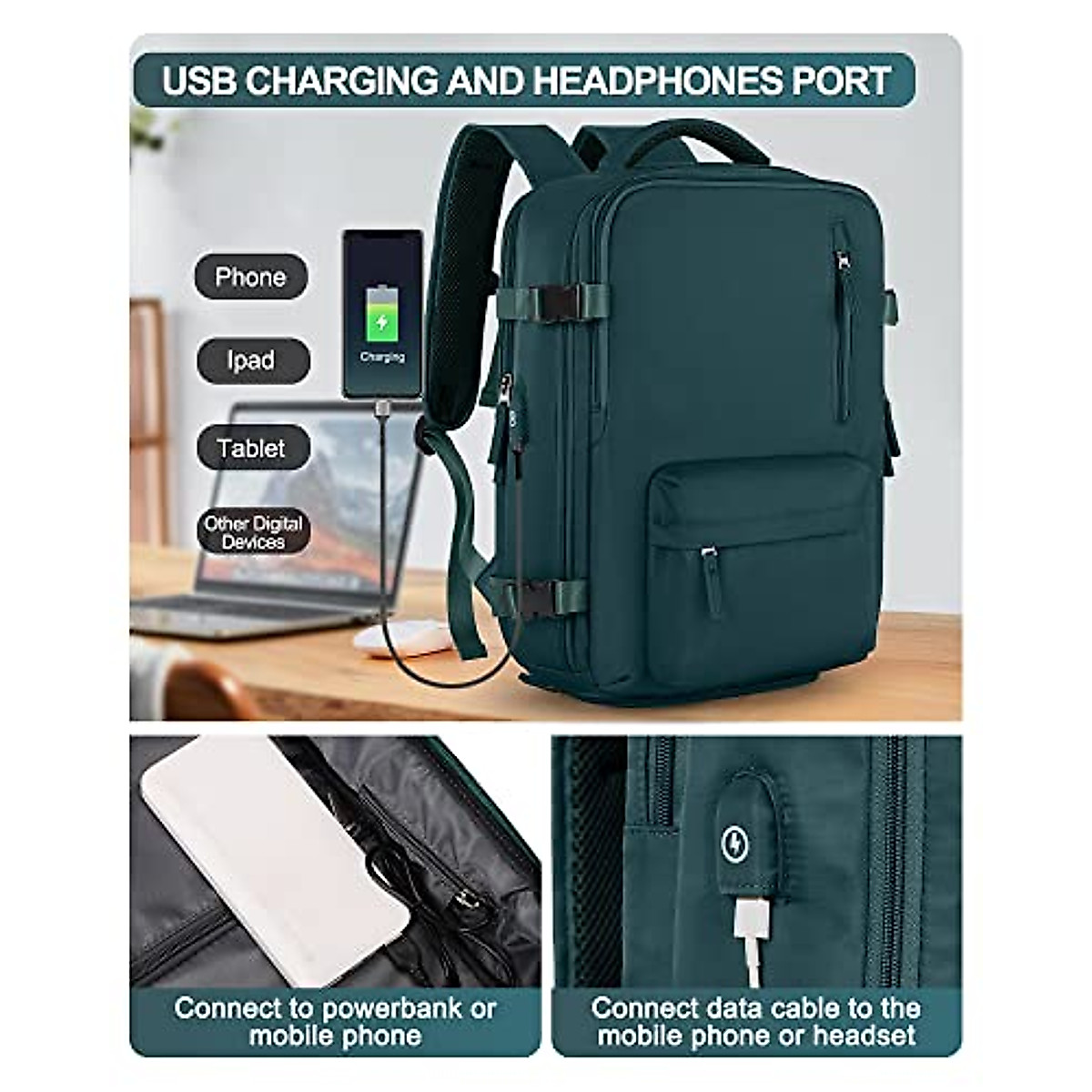 VGCUB Large Travel Backpack Bag for Women Men,Carry on Backpack,17 Inch Laptop Business Work Waterproof Backpack with Laptop Compartment,Person Item Flight Approved,Mochila de Viaje,Peacock Blue