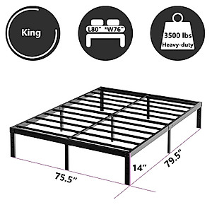 QUALEONA King-Bed-Frame, Metal Platform King Size Bed Frame, No Box Spring Needed, Heavy Duty Steel Slat Support, Noise Free, Easy Quick Assembly, 14 Inch, Black
