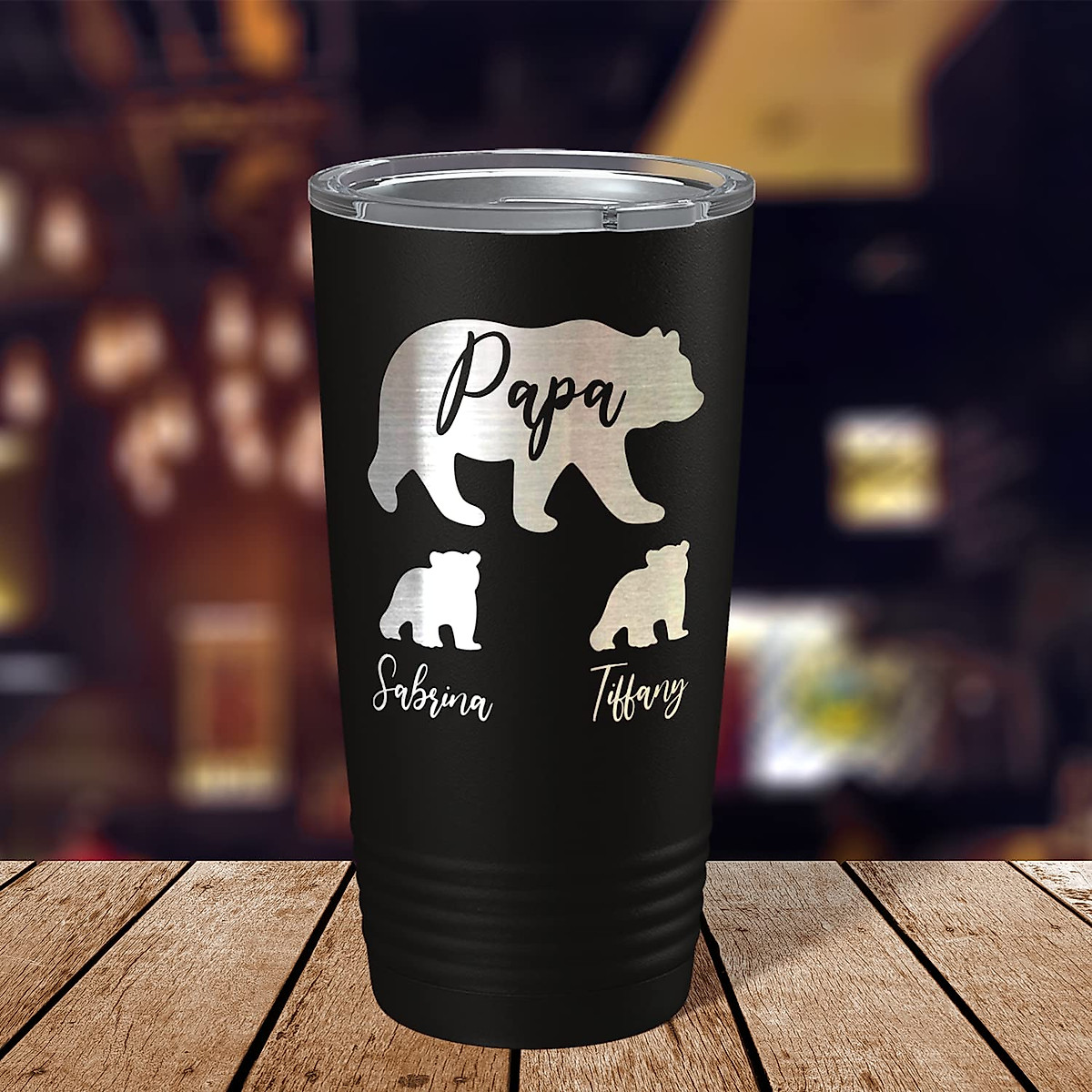 Papa Bear Tumbler Personalized Engraved Cubs on Black Matte 20 oz Custom Insulated Stainless Steel Cup with Lid for Dad Father Gift