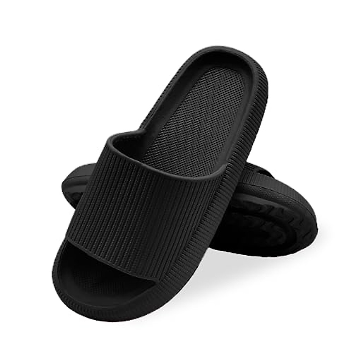 Pumi-geous Womens Slides sandals And Mens Cloud Slippers Comfort Thicken Sole EVA Non Slip Sandals For Bathroom Indoor&Outdoor, Black, 5.5-6.5 Women/5-6 Men