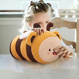 Cute Bee Stuffed Animal Toy Plush Pillow, Kawaii Plushies Cylindrical Body Pillow Stuffed Toy, Super Soft Cartoon Hugging Toy Gifts for Bedding, Kids & Girls Sleeping (Yellow,Small - 11 inch)