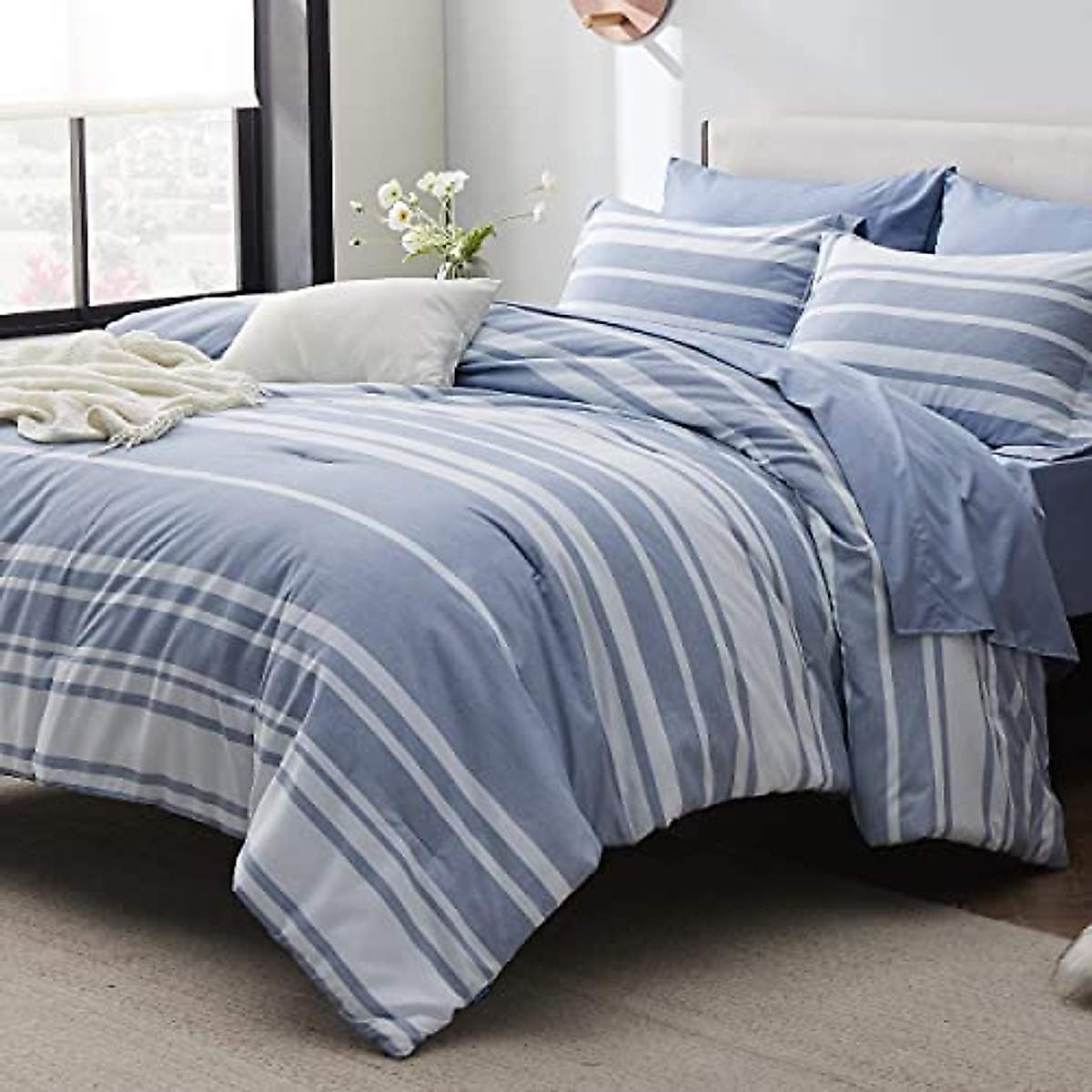 Bedsure Bed in a Bag Queen 7 Pieces - Blue Striped Comforter Set Queen All Season Bed Set, Bed Set Queen Size with 1 Comforter, 1 Flat Sheet, 1 Fitted Sheet, 2 Pillowcases & 2 Shams