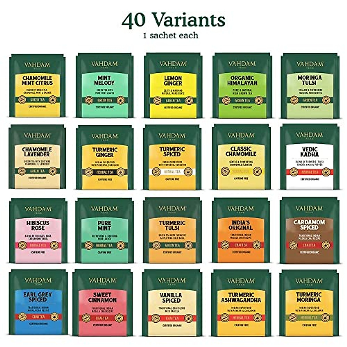 VAHDAM, Assorted Tea Bags Sampler - 40 Flavors, 40 Tea Bag | Tea Bags Variety Pack - Herbal Tea, Green Tea, Chai Tea, Black Tea in Tea Assortment Gift Set, Tea Bags Variety Pack